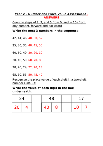Yr2 Place Value Assessment | Teaching Resources