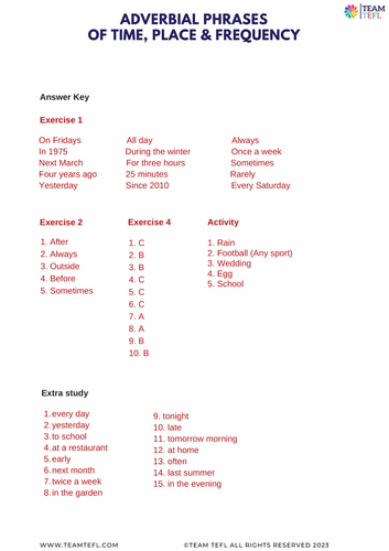 Adverbial Phrases A2 ESL Lesson Plan | Teaching Resources