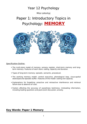AQA Psychology Memory Student Study Booklet | Teaching Resources