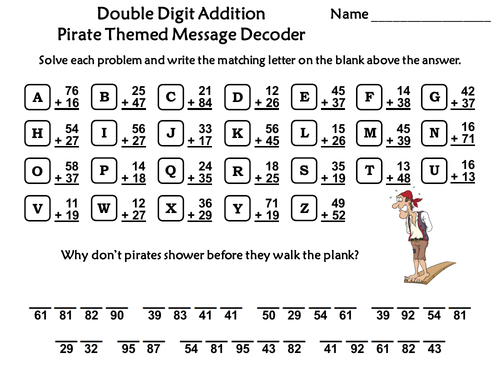 Double Digit Addition With Regrouping: Pirate Themed Math Message ...