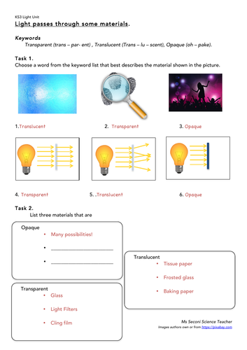 Transparent, translucent and opaque. KS3 scientific literacy activity ...