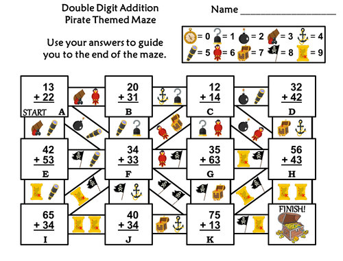 Double Digit Addition Without Regrouping Pirate Themed Math Maze ...