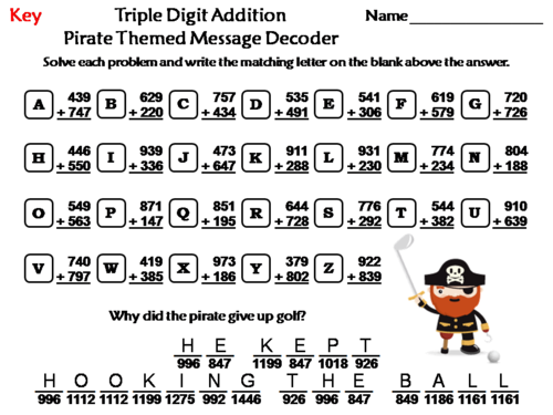 3 Digit Addition With Regrouping Pirate Themed Math Activity: Message ...