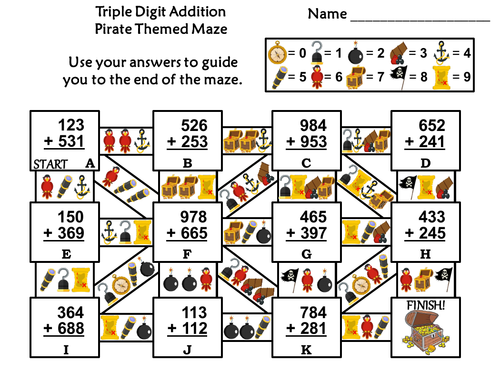 Triple Digit Addition With Regrouping Pirate Themed Math Maze ...