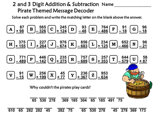 2 and 3 Digit Addition & Subtraction With Regrouping Pirate Themed Math ...