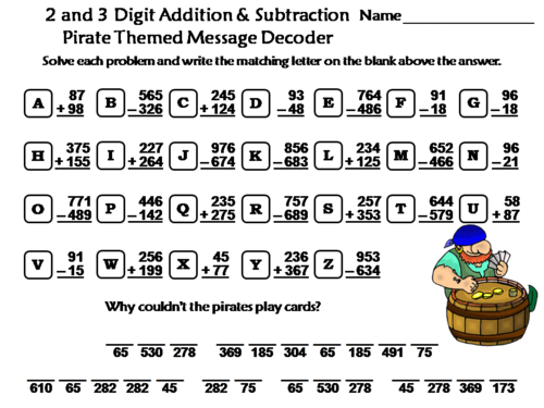 2 and 3 Digit Addition & Subtraction With Regrouping Pirate Themed Math ...