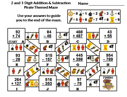 2 and 3 Digit Addition and Subtraction With Regrouping Pirate Themed ...