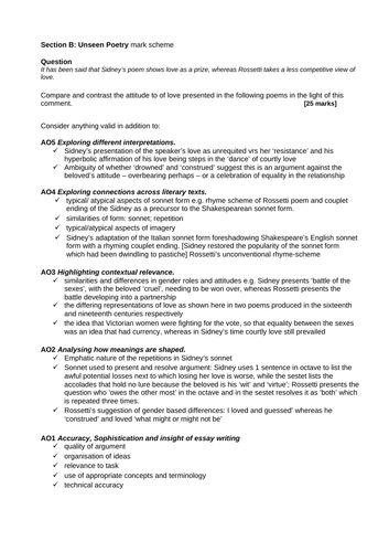 AQA Love through the Ages unseen poetry trial/mock exam: Sidney ...