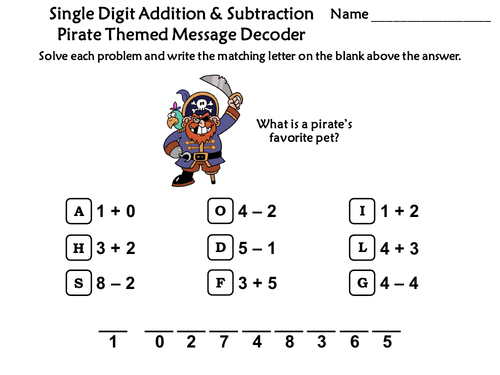 Single Digit Addition & Subtraction Activity: Pirate Themed Math ...
