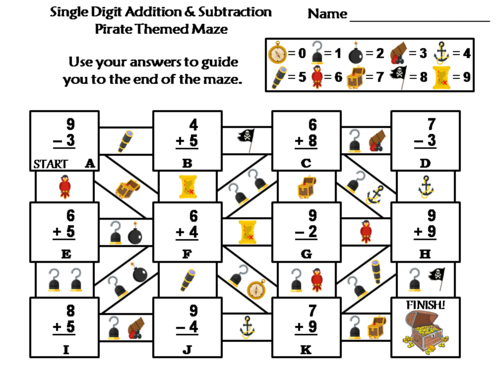 Single Digit Addition and Subtraction Activity: Pirate Themed Math Maze ...