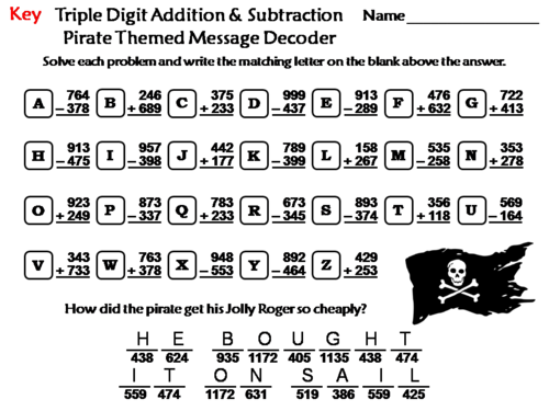 Triple Digit Addition & Subtraction Activity: Pirate Themed Math ...