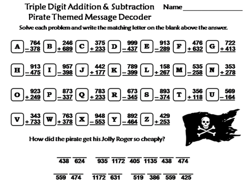 Triple Digit Addition & Subtraction Activity: Pirate Themed Math ...