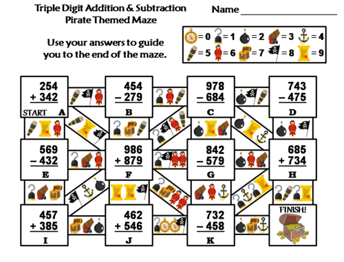 Triple Digit Addition & Subtraction Activity: Pirate Themed Math Maze ...