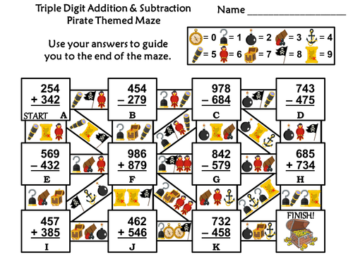 Triple Digit Addition & Subtraction Activity: Pirate Themed Math Maze ...