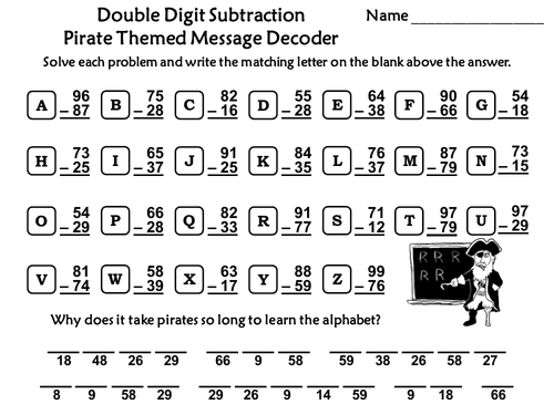 Double Digit Subtraction Activity: Pirate Themed Math Message Decoder ...