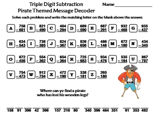Triple Digit Subtraction Activity: Pirate Themed Math Message Decoder ...