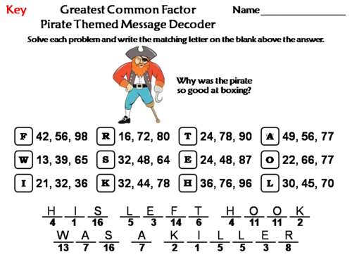 Greatest Common Factor Activity: Pirate Themed Math Message Decoder ...