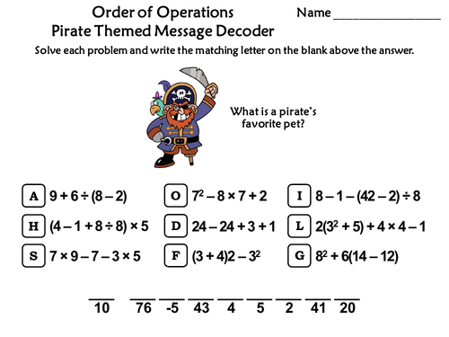 Order of Operations Activity: Pirate Themed Math Message Decoder ...