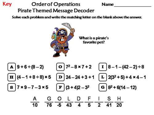 Order of Operations Activity: Pirate Themed Math Message Decoder ...