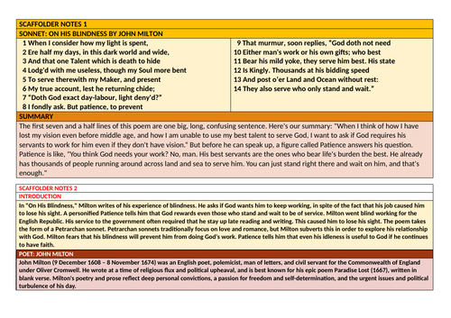 ON HIS BLINDNESS - MILTONIC SONNET - SCAFFOLD NOTES | Teaching Resources