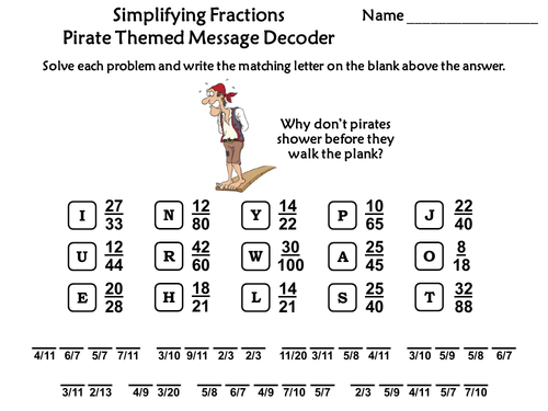 Simplifying Fractions Activity: Pirate Themed Math Message Decoder ...