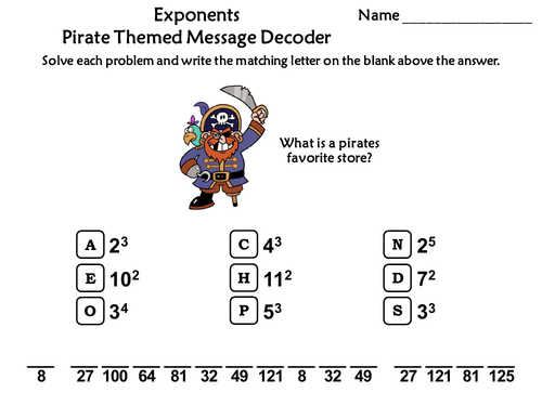 Exponents Activity: Pirate Themed Math Message Decoder | Teaching Resources