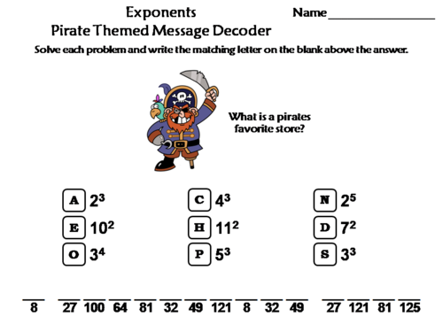 Exponents Activity: Pirate Themed Math Message Decoder | Teaching Resources