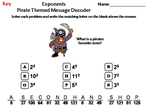 Exponents Activity: Pirate Themed Math Message Decoder | Teaching Resources