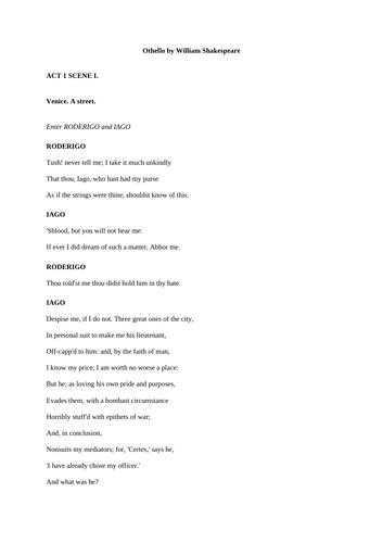 Act 1, Scene 1 - Othello by William Shakespeare | Teaching Resources