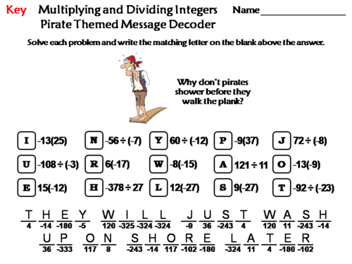 Multiplying and Dividing Integers Activity: Pirate Themed Math Message ...