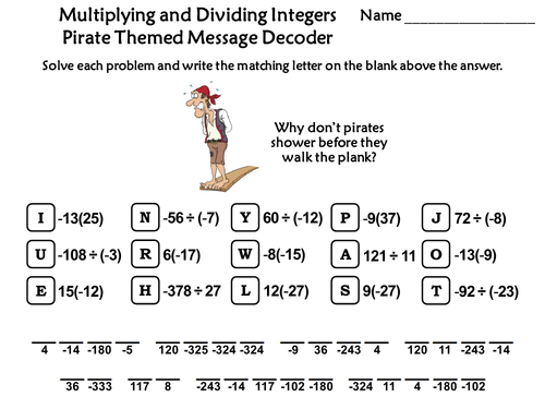 Multiplying and Dividing Integers Activity: Pirate Themed Math Message ...