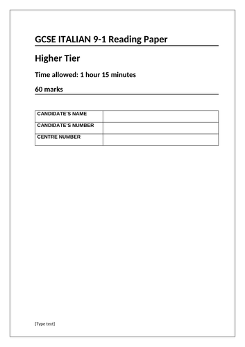 Italian Reading Paper - Higher (AQA style, 9-1) | Teaching Resources