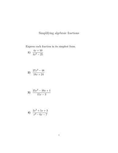 Simplifying algebraic fractions-harder questions worksheet (with ...