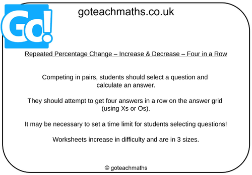 Repeated Percentage Change - Four in a Row | Teaching Resources