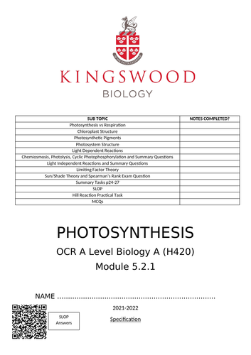 OCR A Level Biology H420 Photosynthesis Workbook | Teaching Resources