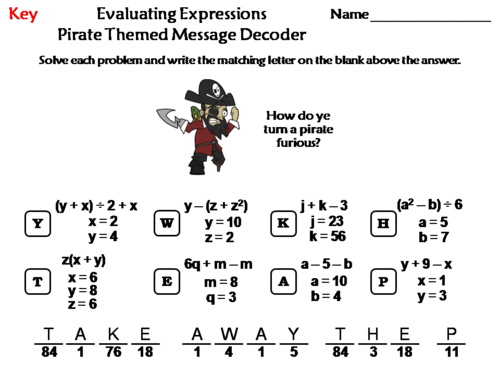 Evaluating Algebraic Expressions Activity: Pirate Themed Math Message ...