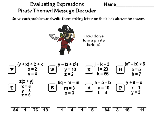 Evaluating Algebraic Expressions Activity: Pirate Themed Math Message ...