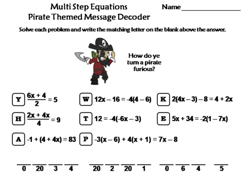 Solving Multi Step Equations Activity: Pirate Themed Math Message ...