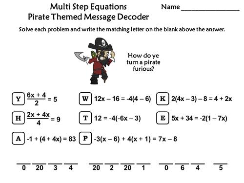 Solving Multi Step Equations Activity: Pirate Themed Math Message ...