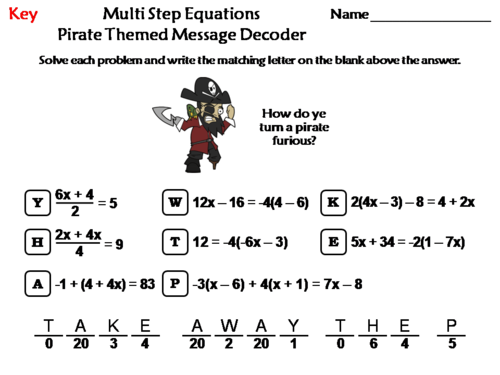 Solving Multi Step Equations Activity: Pirate Themed Math Message ...