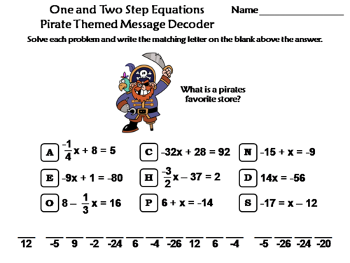 Solving One and Two Step Equations Activity: Pirate Themed Math Message ...
