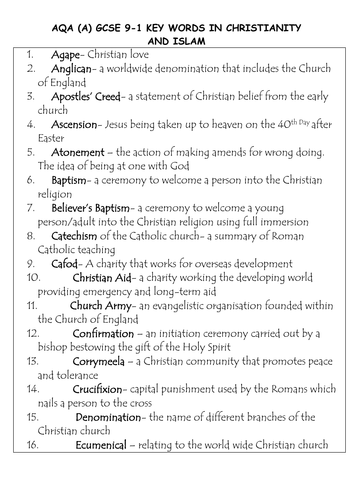 AQA (A) 9-1 GCSE RS KEY WORDS IN CHRISTIANITY AND ISLAM | Teaching ... AQA (A) 9-1 GCSE RS KEY WORDS IN CHRISTIANITY AND ISLAM | Teaching ...