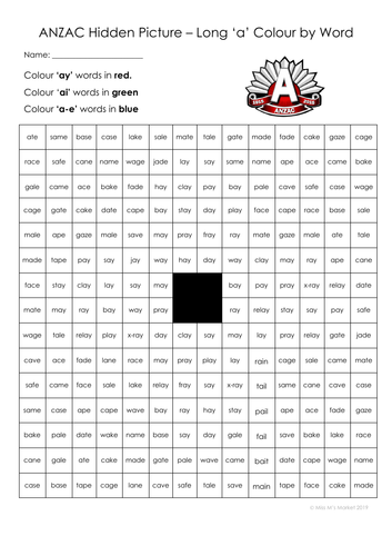 Anzac Long 'a' Spelling Hidden Picture | Teaching Resources