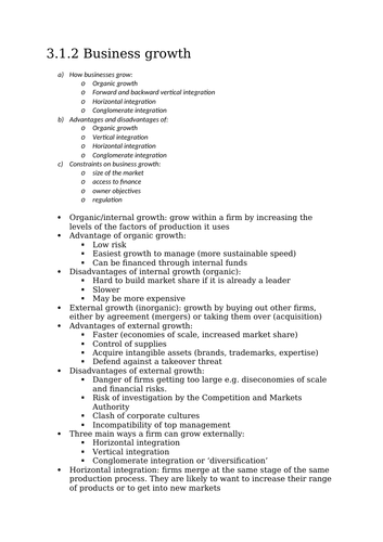 Edexcel Economics A-level Unit 3.1 Business Growth | Teaching Resources
