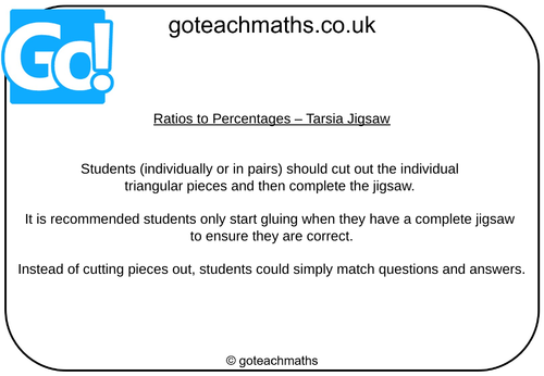 Converting Ratios Percentages Tarsia Jigsaw Teaching Resources