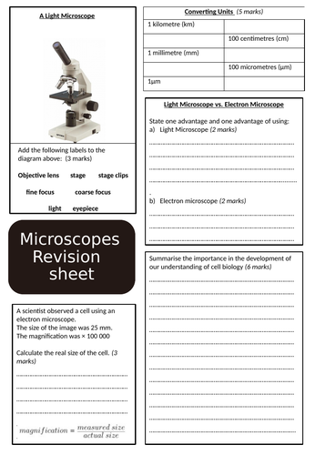 AQA Microscopes Revision Sheet (with answers) | Teaching Resources
