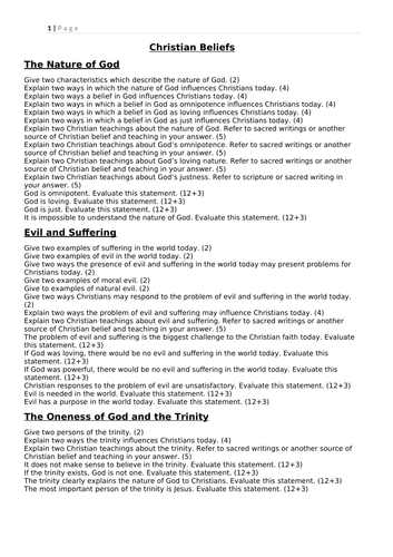 AQA Christianity beliefs and teachings - exam questions | Teaching Resources