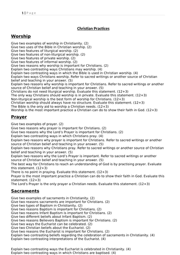 AQA Christian Practices - exam questions | Teaching Resources AQA Christian Practices - exam questions | Teaching Resources