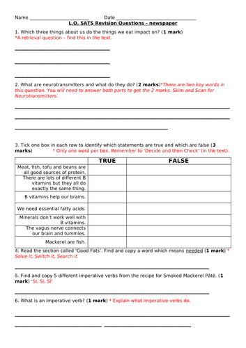 Year 6 Reading Paper Questions Written in SATs style with mark ...