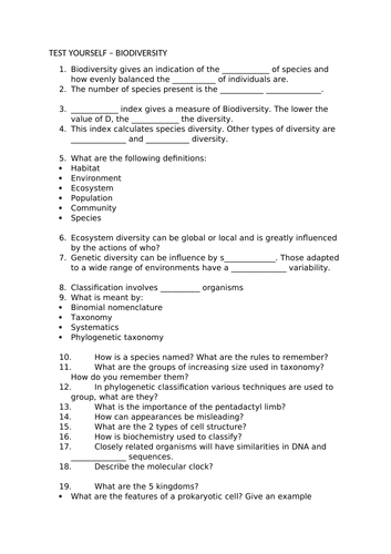 AS BIOLOGY Revision recall questions | Teaching Resources